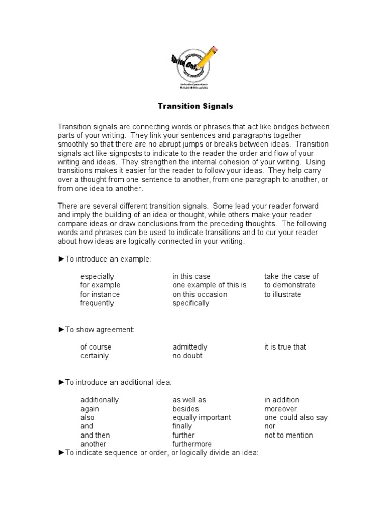 Transition Signals | PDF | Paragraph | Phrase