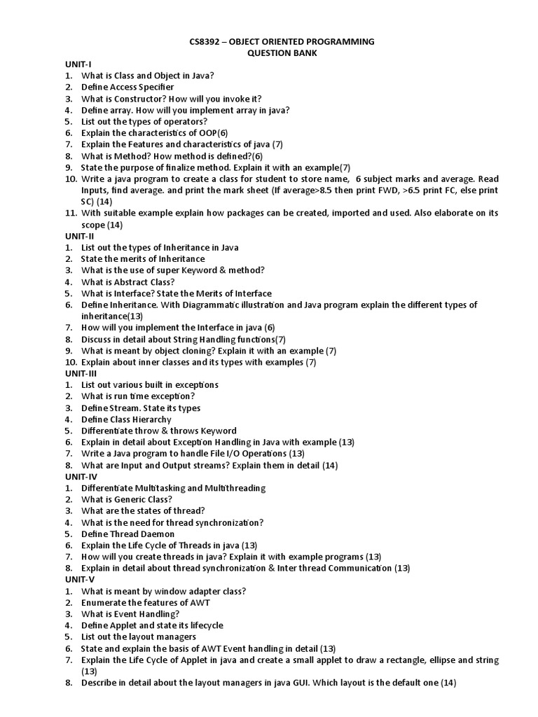 Cs8392 Object Oriented Programming Question Bank Unit I Pdf Class Computer Programming