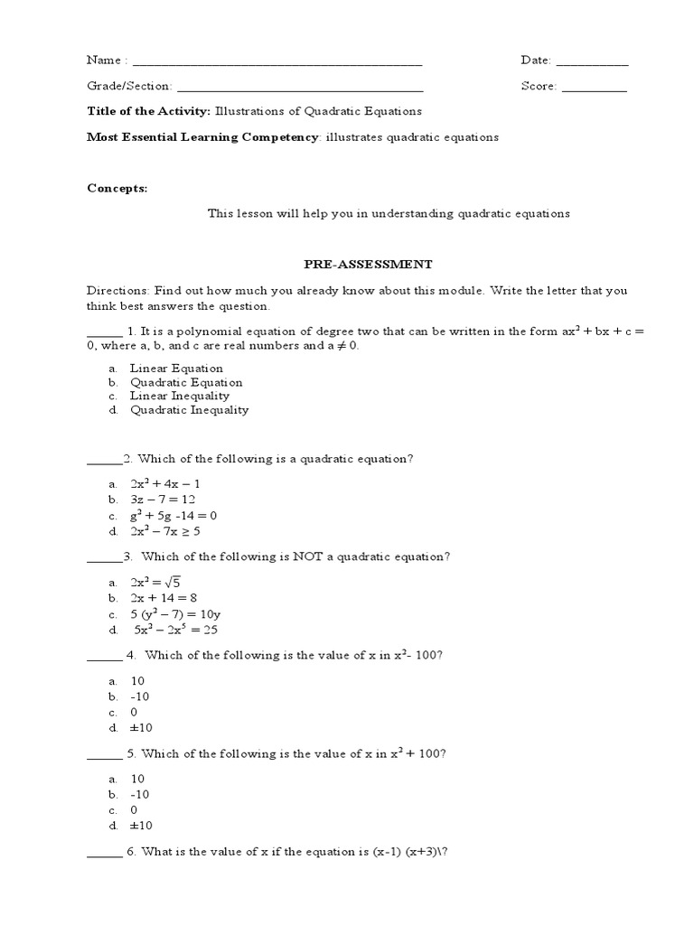 Title of The Activity: Illustrations of Quadratic Equations Most ...