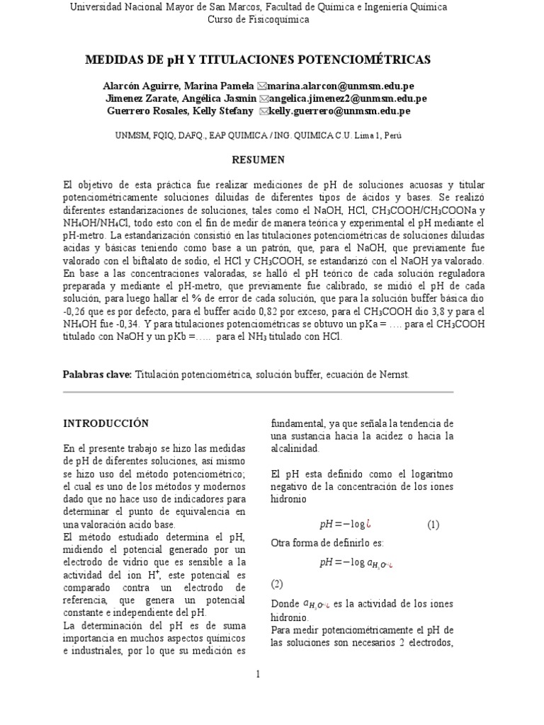 Informe N°7 de Fisicoquímica, Medicion de PH | PDF | Ph | Valoración