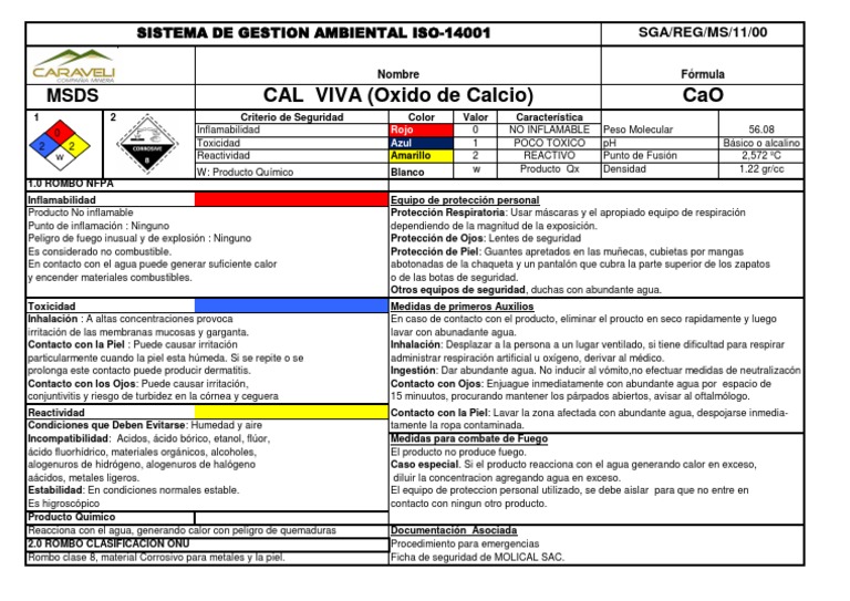 Ficha de Seguridad de Cal Viva | PDF | Toxicidad | Agua