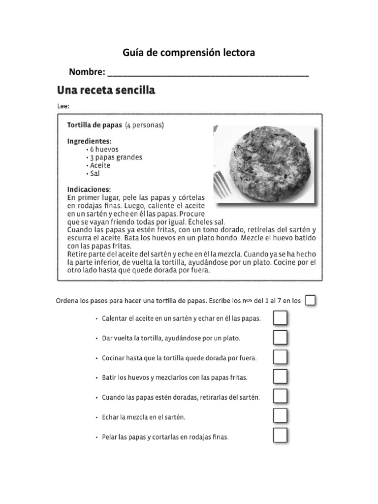 Guía de Comprensión Lectora Receta | PDF