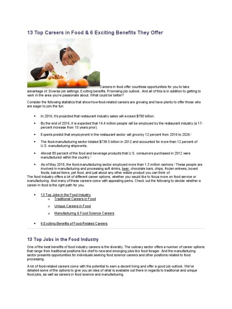 13 Top Careers in Food Industry | PDF | Bed And Breakfast | Restaurants