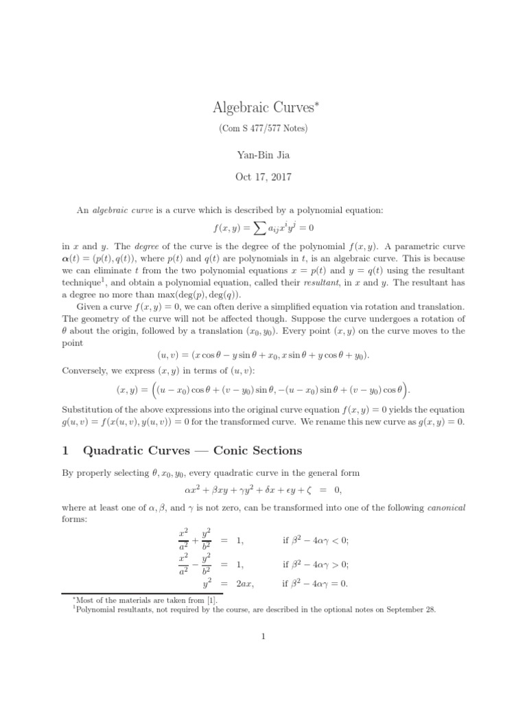 Algebraic Curves Notes | PDF | Equations | Curve