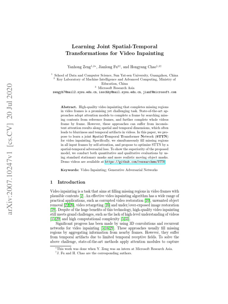 Learning Joint Spatial-Temporal Transformations For Video Inpainting | PDF | Video | Attention
