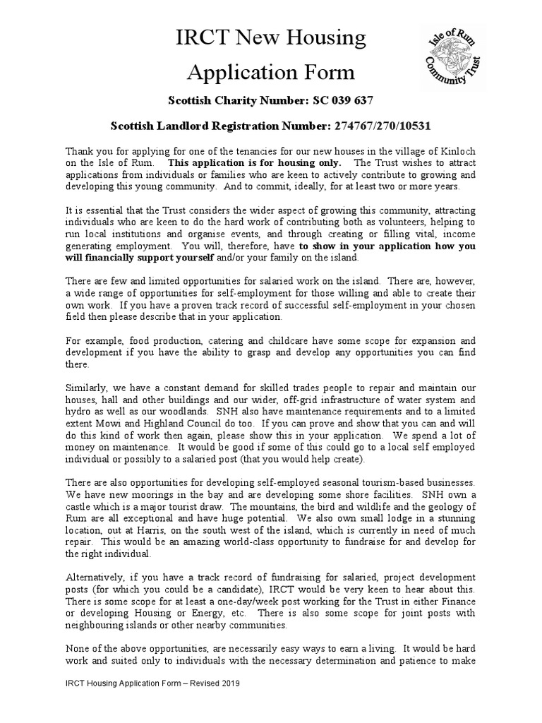 IRCT New Housing Application Form: Scottish Charity Number: SC 039 637 ...