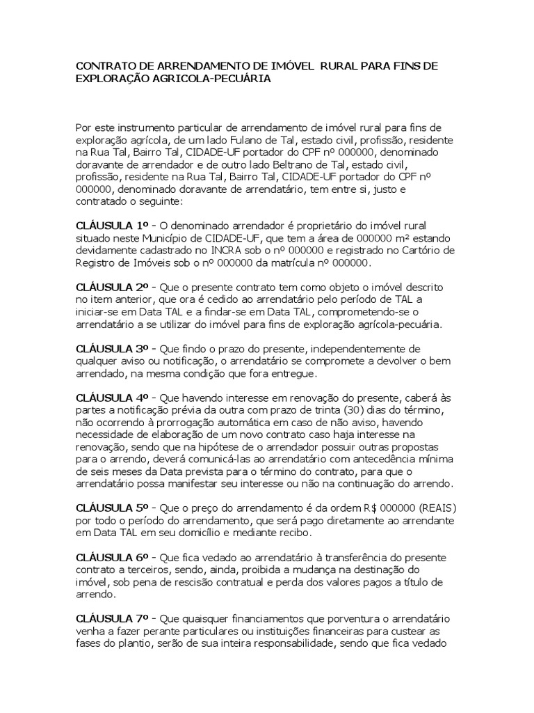 Modelo De Contrato De Arrendamento De Imóvel Rural Para Fins De