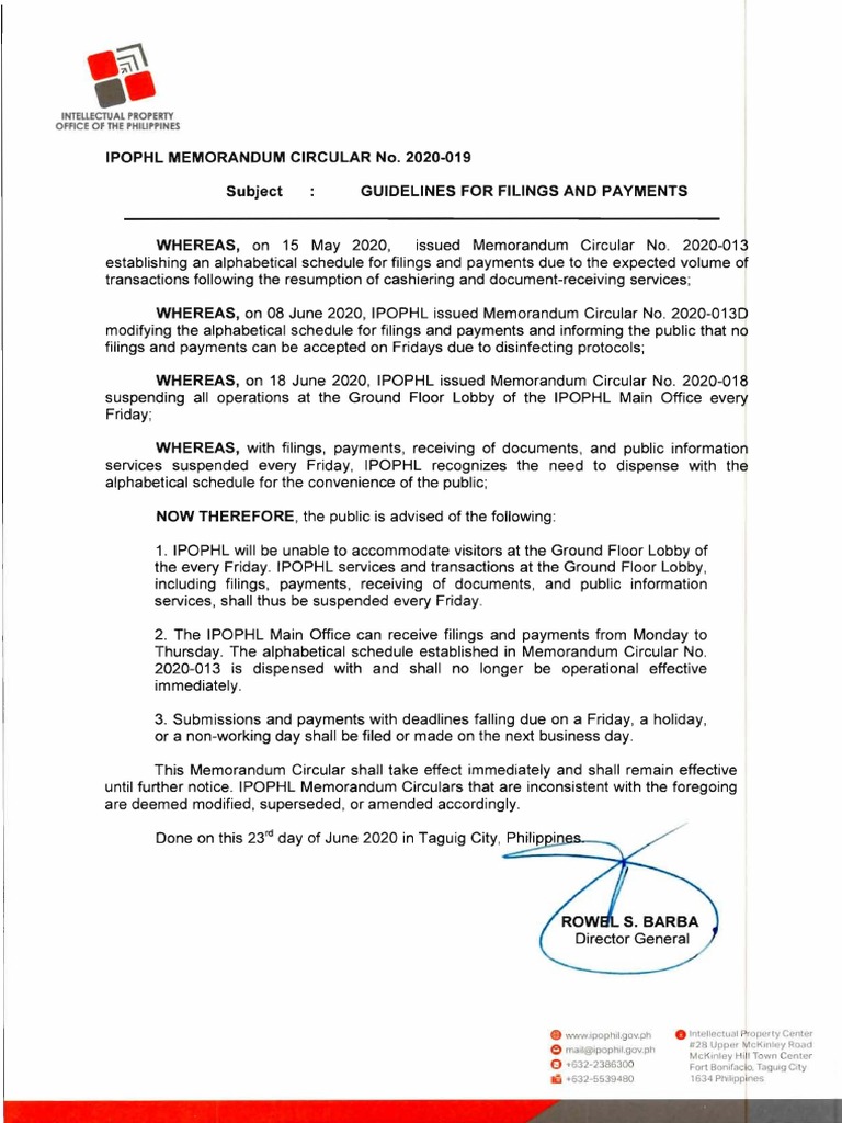 Memorandum Circular No. 2020-019 - Guidelines For Filings and Payments ...