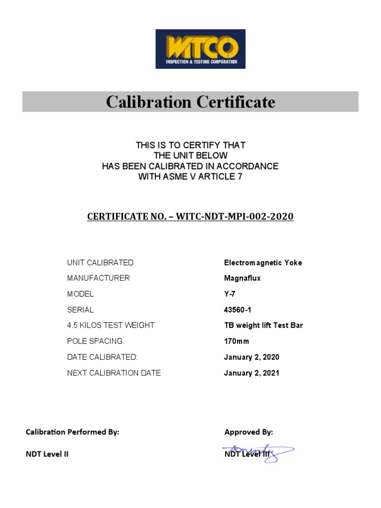 MPI Cal Cert-002 Sample | PDF