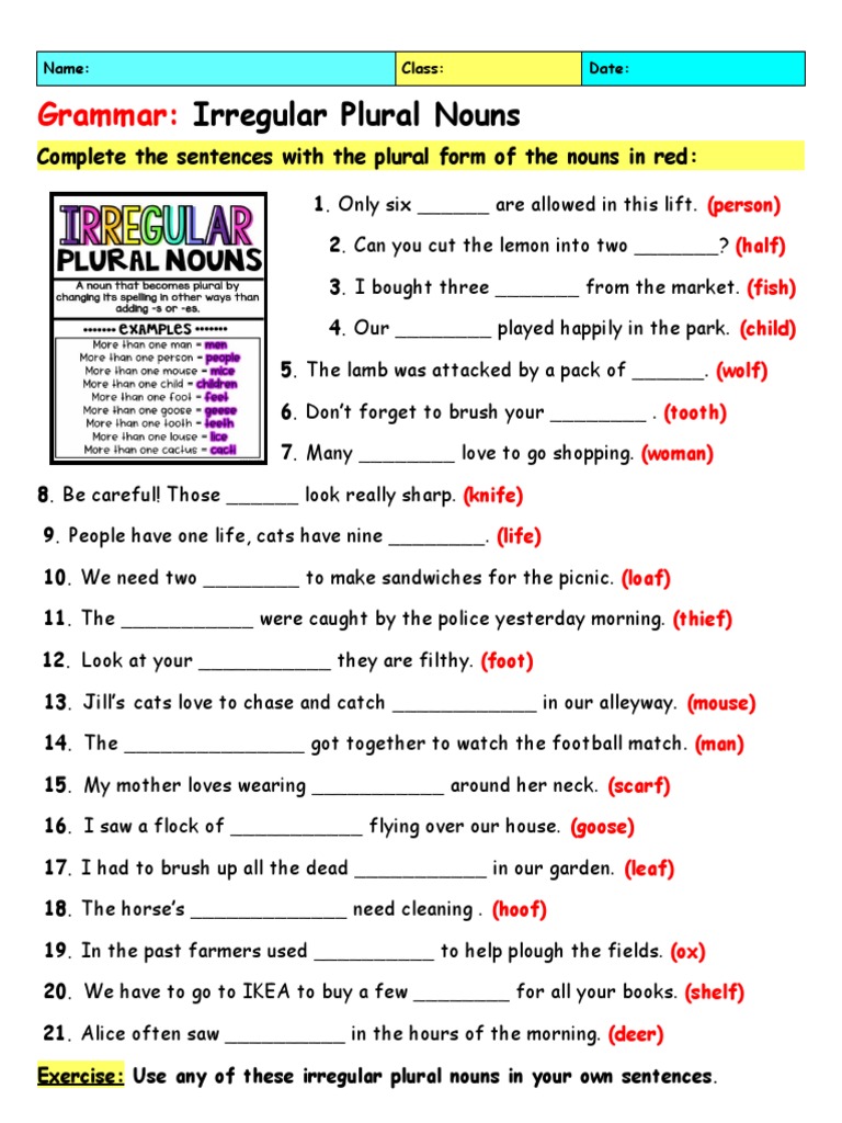 Grammar Irregular Plural Nouns Grammar Drills - 127467 | PDF