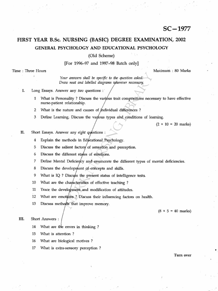 First Year B.Sc. Nursing Question Paper 2002 | PDF | Educational ...