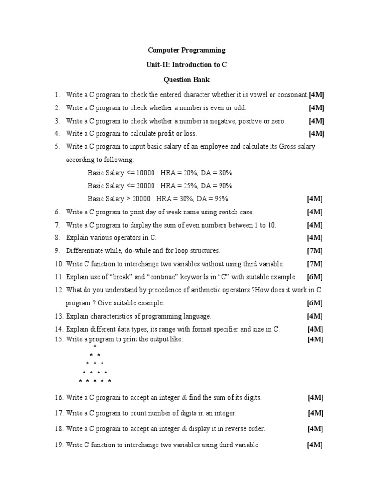 Computer Programming Unit-II: Introduction To C Question Bank | PDF