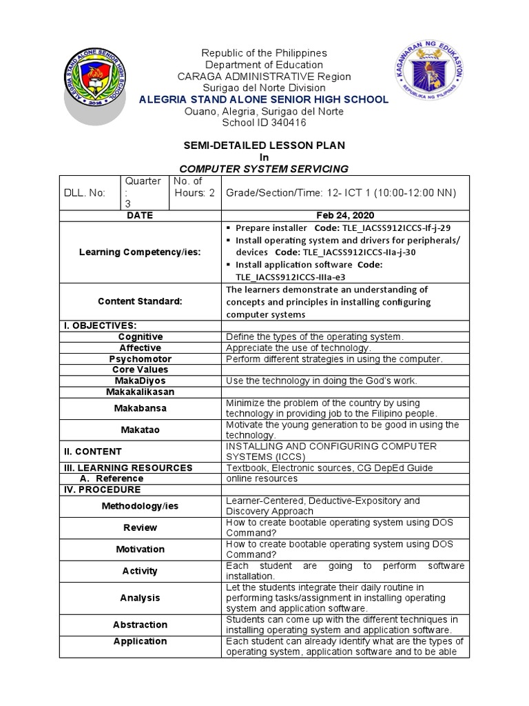 Alegria Stand Alone Senior High School: Semi-Detailed Lesson Plan in ...
