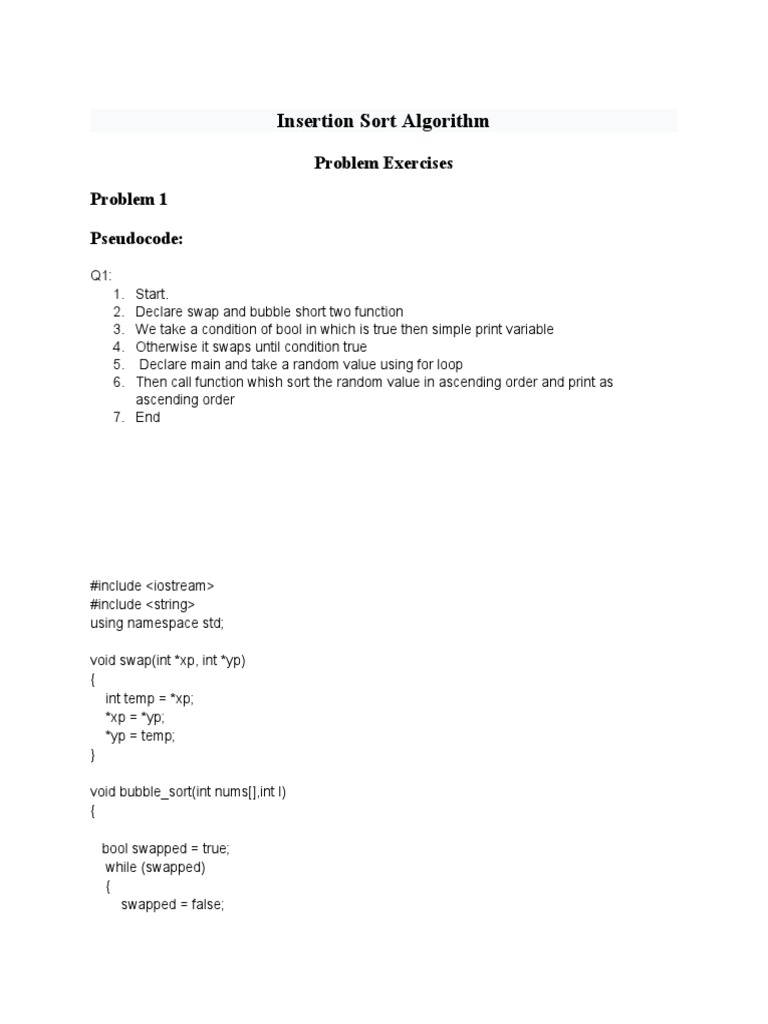 Insertion Sort Algorithm: Problem Exercises Problem 1 Pseudocode | PDF | Software Engineering ...