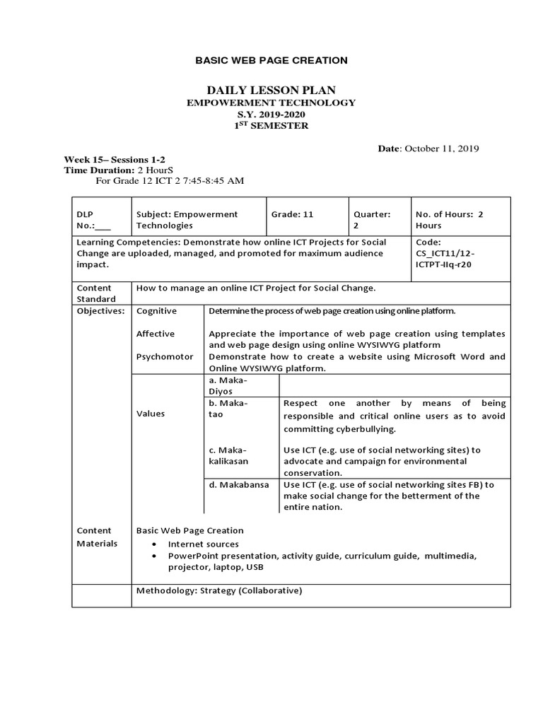 Daily Lesson Plan: Basic Web Page Creation | PDF | World Wide Web ...