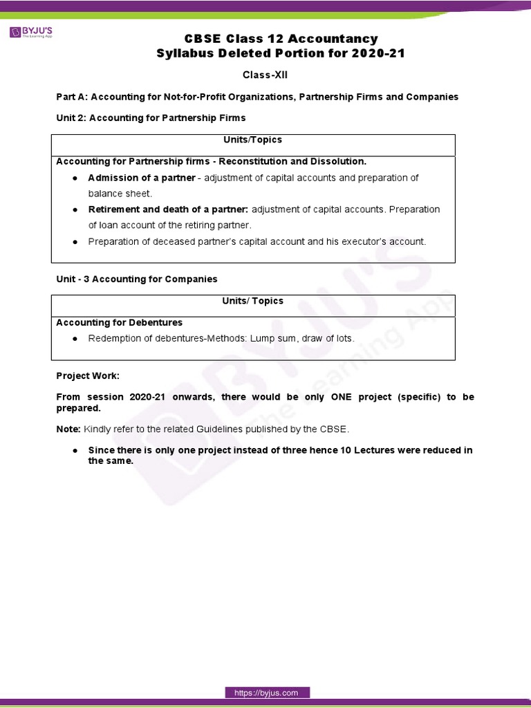 CBSE Class 12 Accountancy Deleted Syllabus Portion For 2020 21 | PDF
