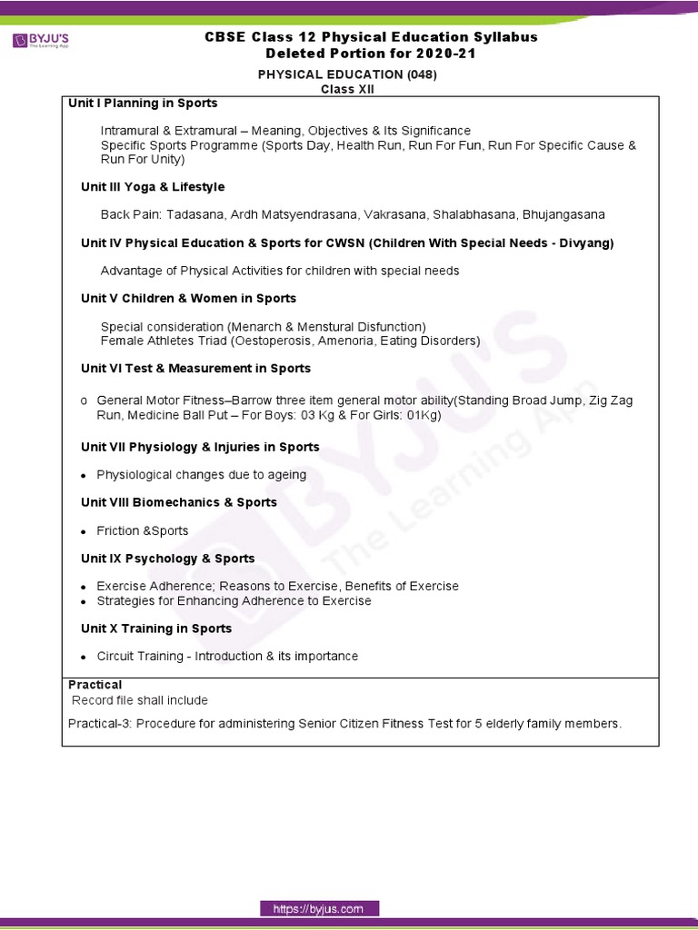 CBSE Class 12 Physical Education Deleted Syllabus Portion For 2020 21 | PDF