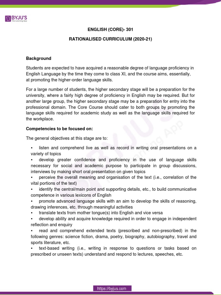 CBSE Class 12 Revised English Core Syllabus 2020 21 | PDF | Reading ...