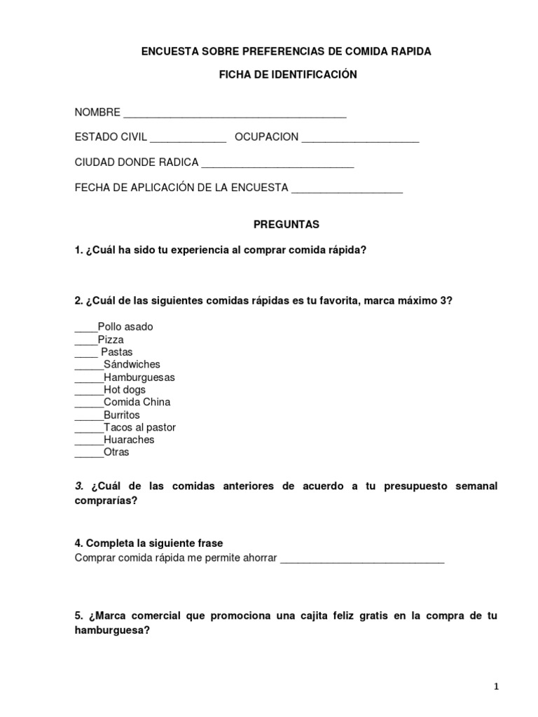 Encuesta Sobre Preferencias de Comida Rapida | PDF