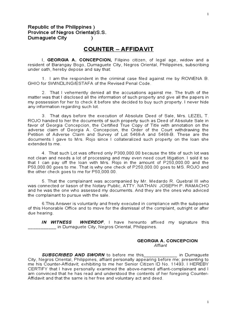 Counter - Affidavit: Republic of The Philippines) Province of Negros ...