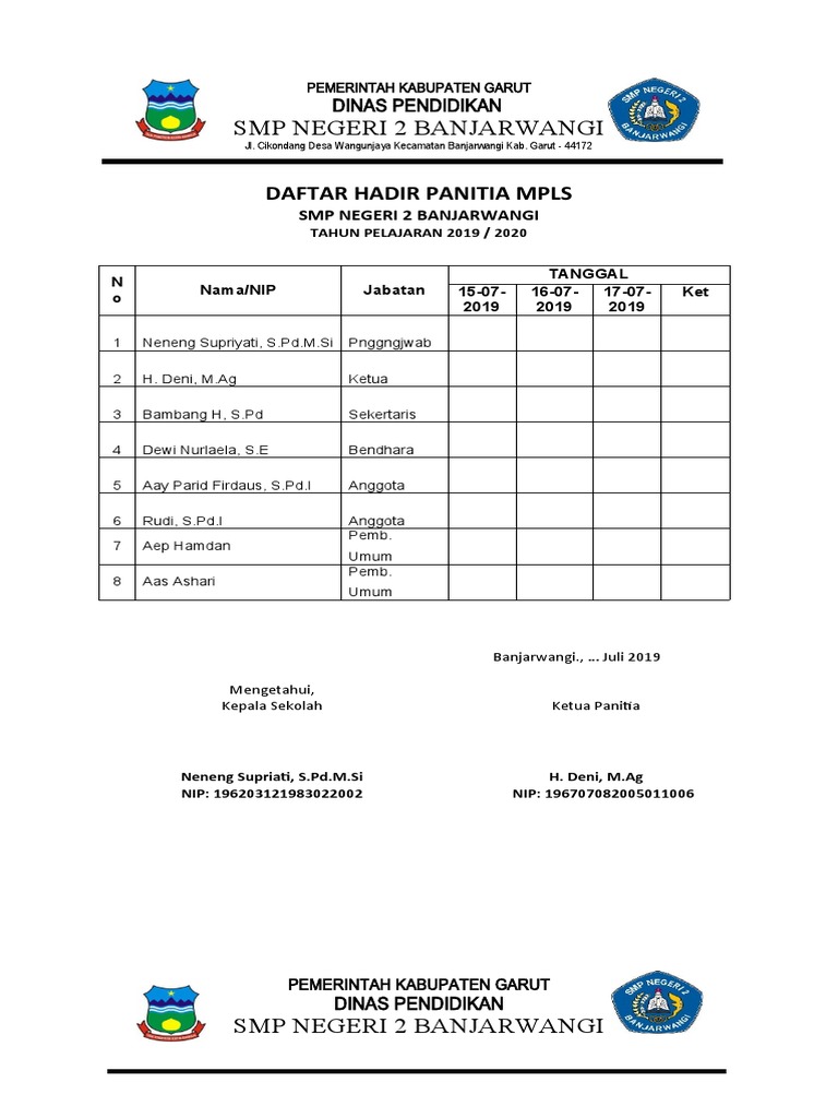 Contoh Daftar Hadir Panitia MPLS | PDF