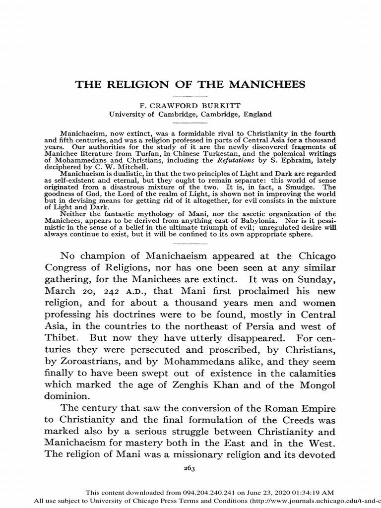 The Religion of The Manichees: F. Crawford Burkitt University of ...