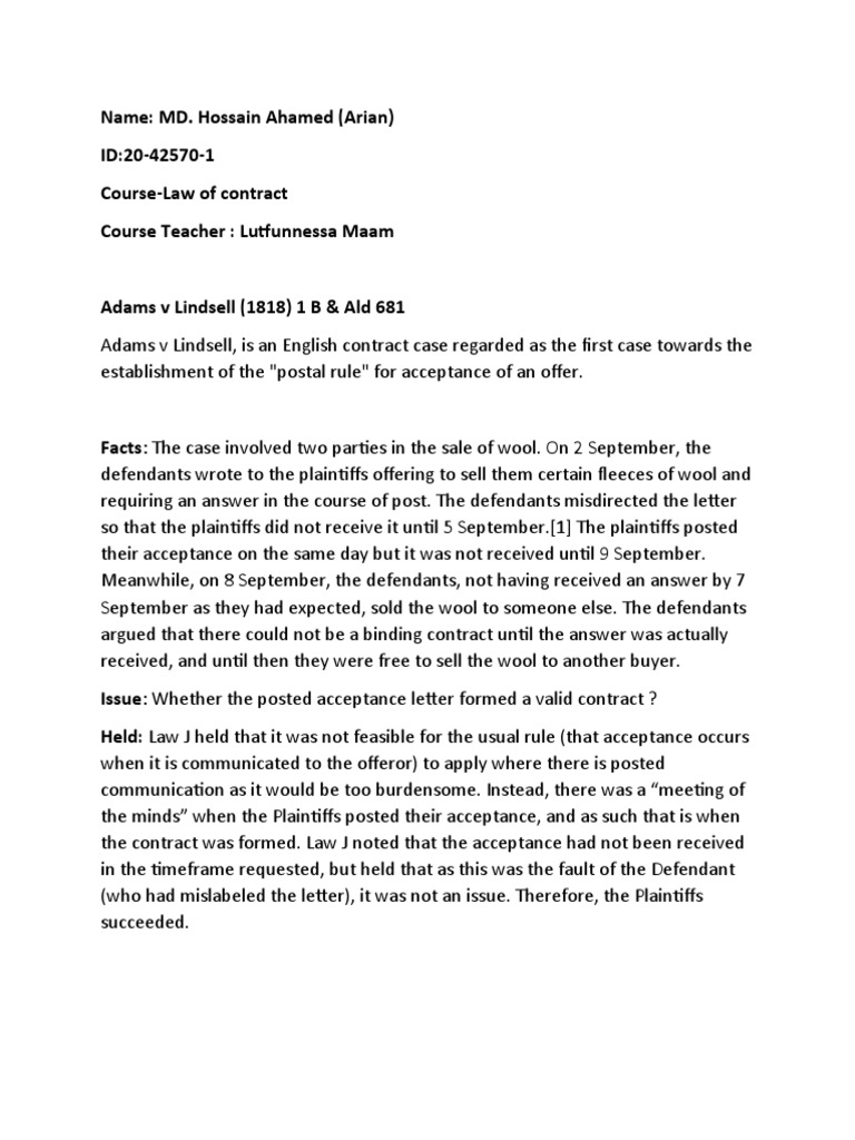 Adams V Lindsell (1818) 1 B & Ald 681