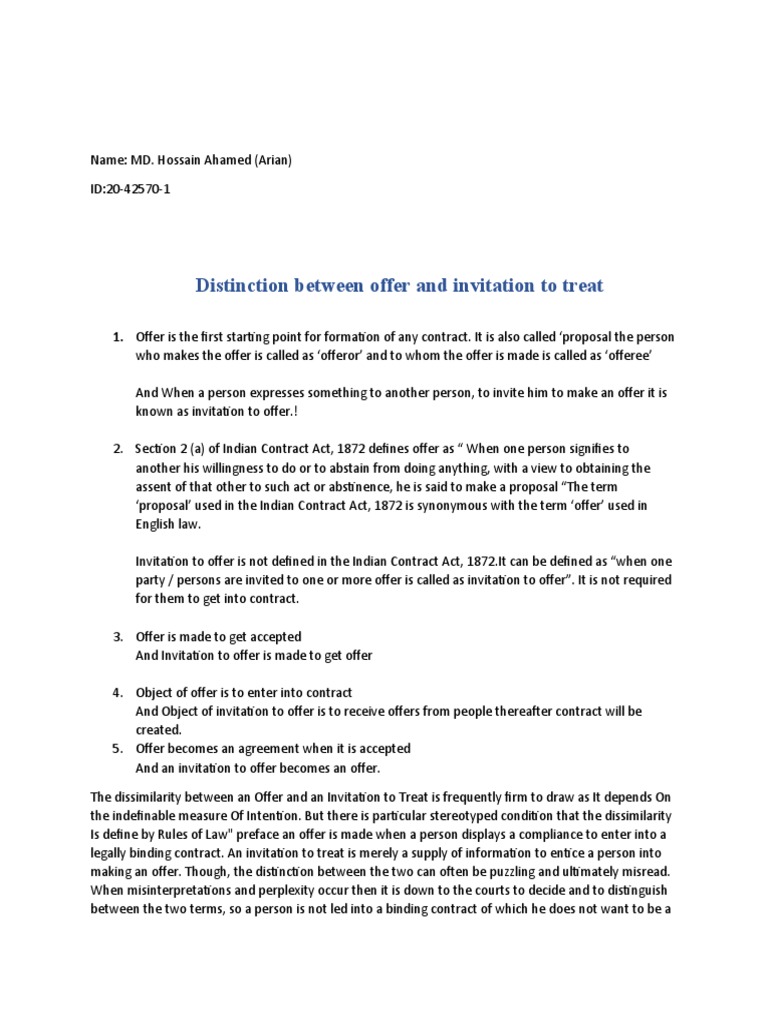 Distinction Between Offer and Invitation To Treat | PDF | Business Law ...