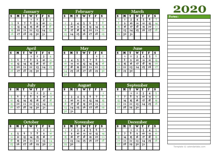 2020 Yearly Calendar With Blank Notes | PDF