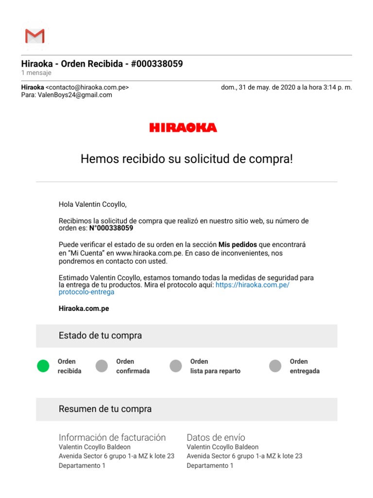 Gmail - Hiraoka - Orden Recibida - #000338059 PDF | PDF | Comunicación ...