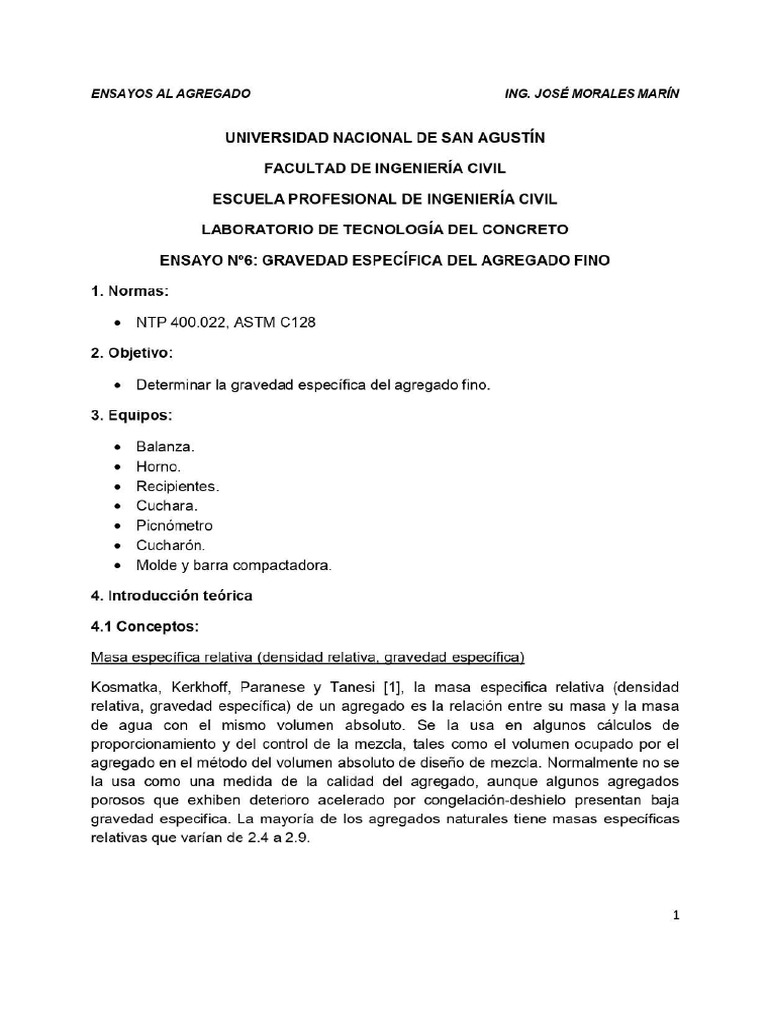 ENSAYO No6 - GRAVEDAD ESPECÍFICA DEL AGREGADO FINO PDF | PDF