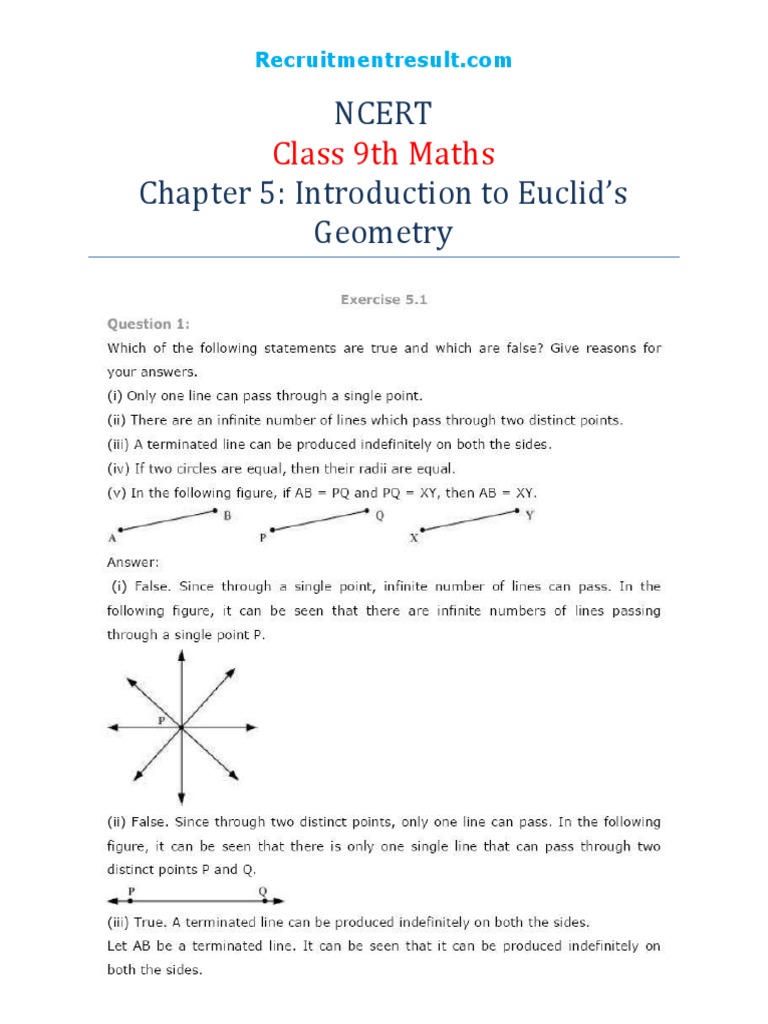 Ncert Chapter 5: Introduction To Euclid's Geometry: Class 9th Maths | PDF
