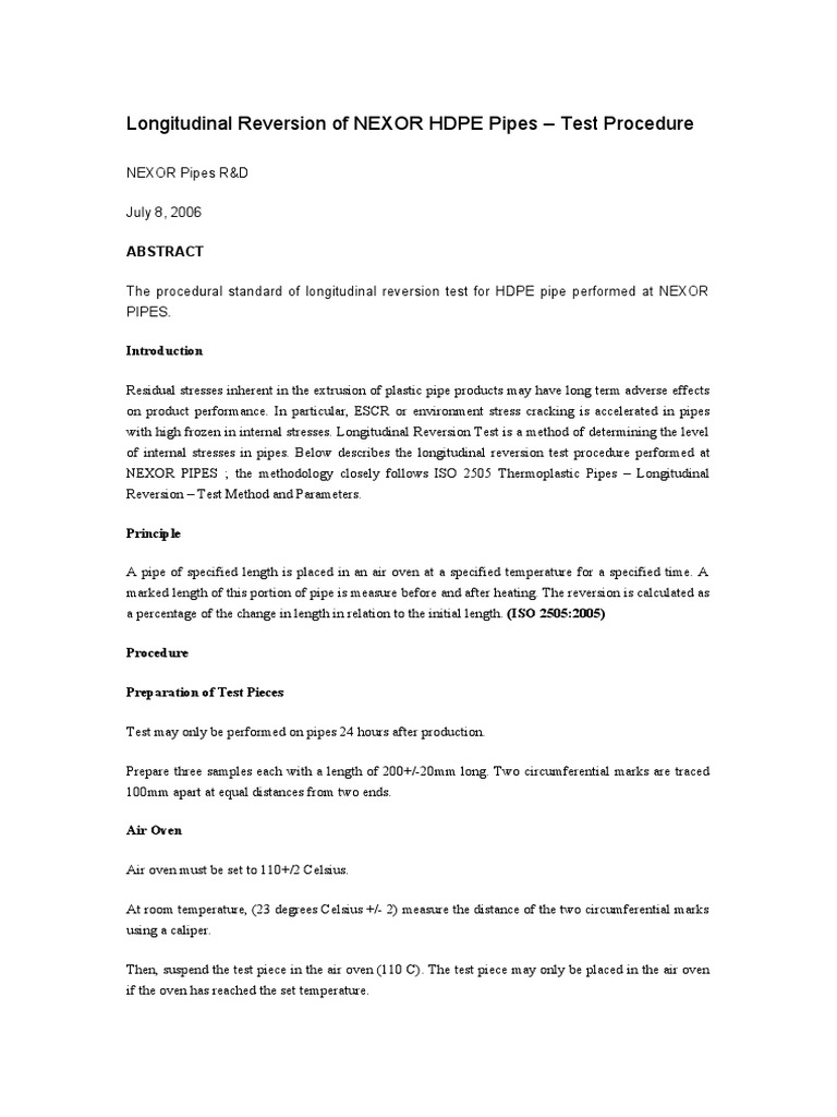 Longitudinal Reversion of NEXOR HDPE Pipes | PDF | Pipe (Fluid ...