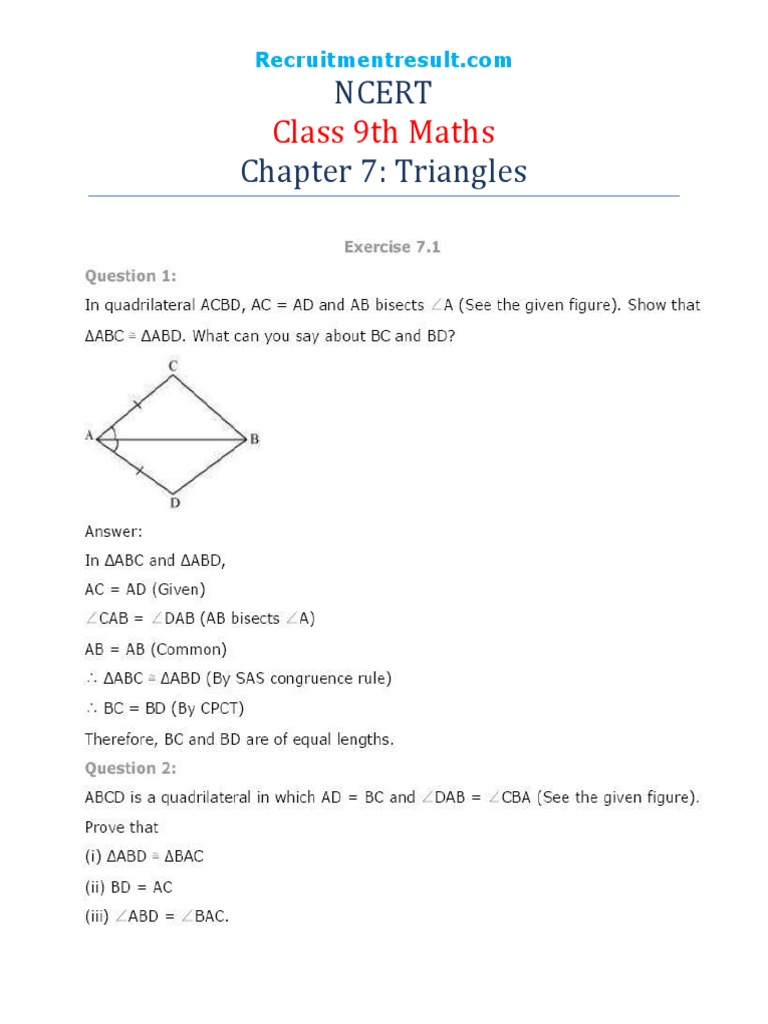 Class 9 Maths: Chapter 7 Triangles PDF | PDF