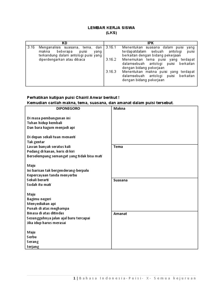 LKS Makna, Tema, Suasana Puisi | PDF