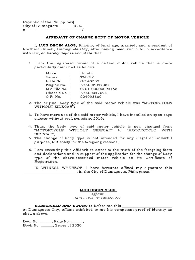 Affidavit of Change Body of Motor Vehicle: SUBSCRIBED AND SWORN To ...