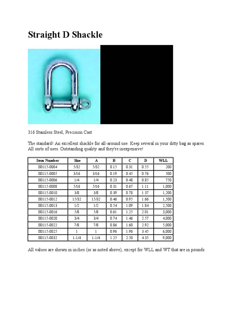 Specifications and Dimensions for Straight D Shackles Made from 316 ...