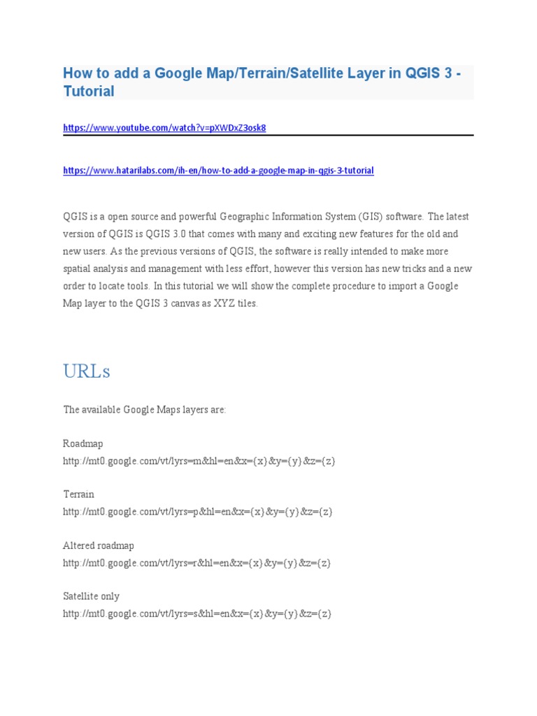 How To Add A Google Map/Terrain/Satellite Layer in QGIS 3 - Tutorial | PDF