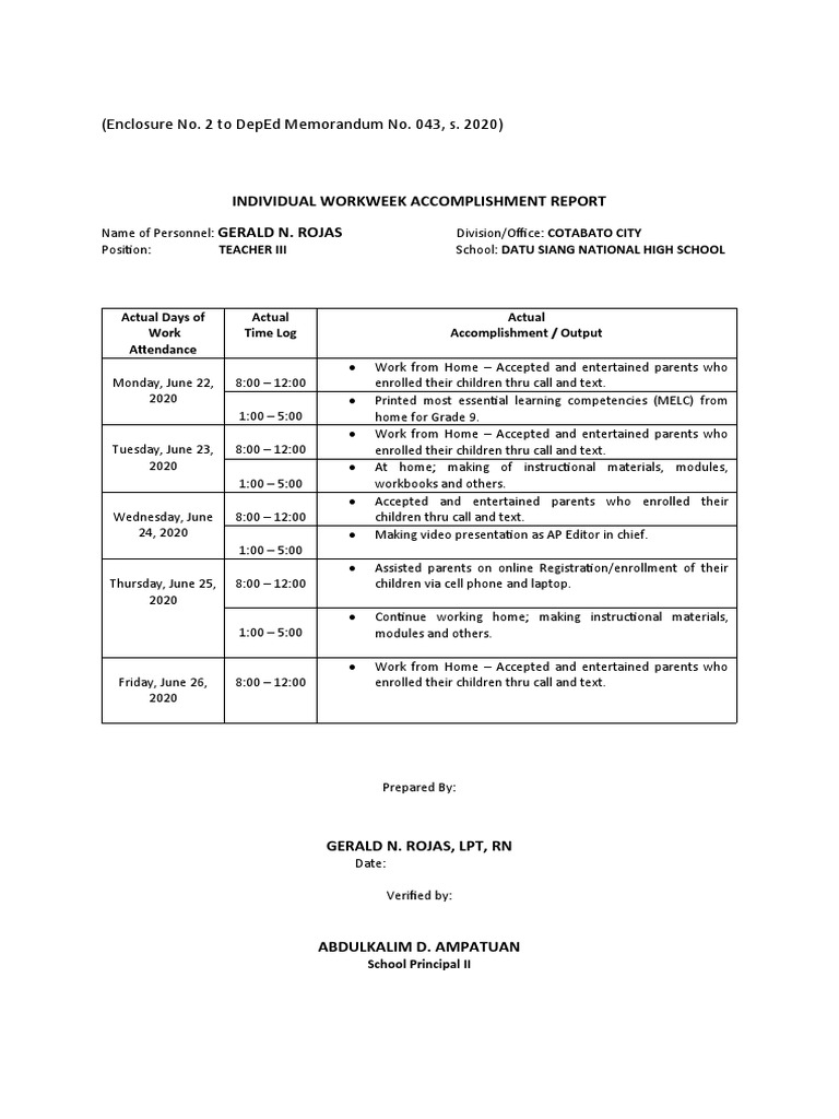 (Enclosure No. 2 To Deped Memorandum No. 043, S. 2020) : Individual ...