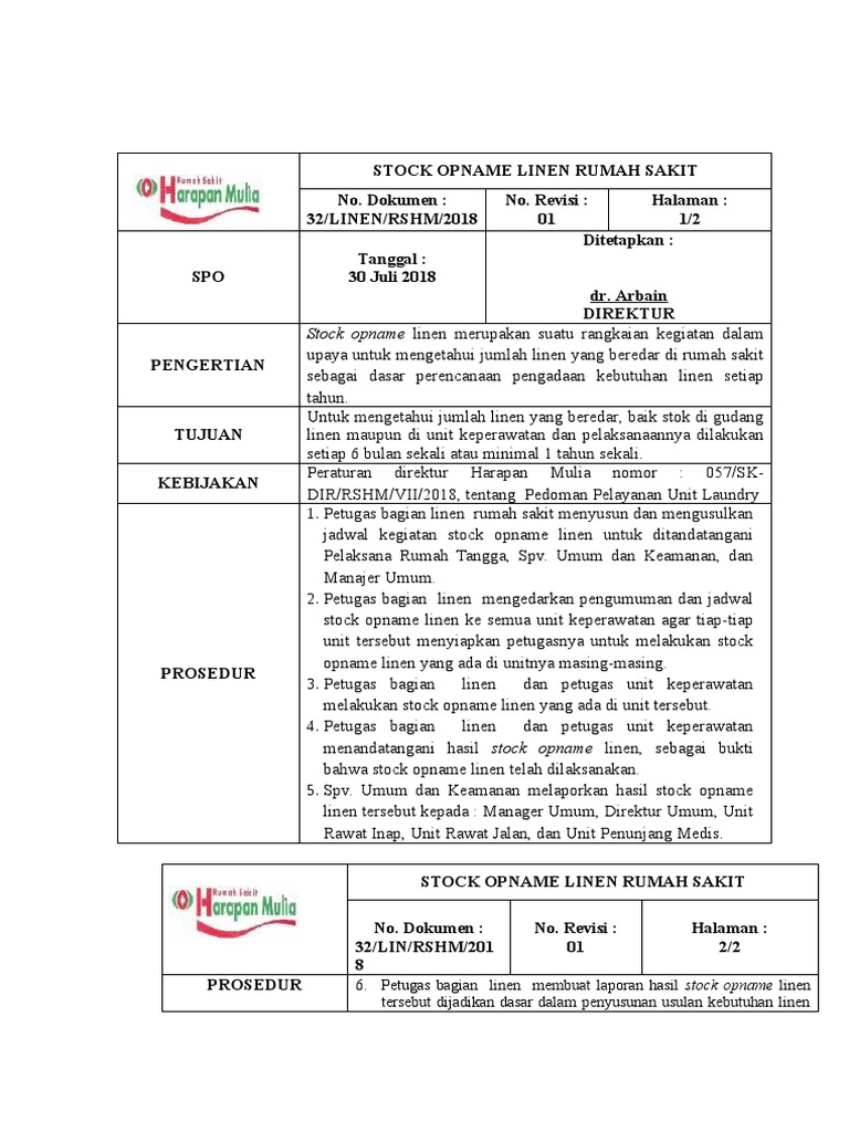 Prosedur Stock Opname Linen Rumah Sakit | PDF