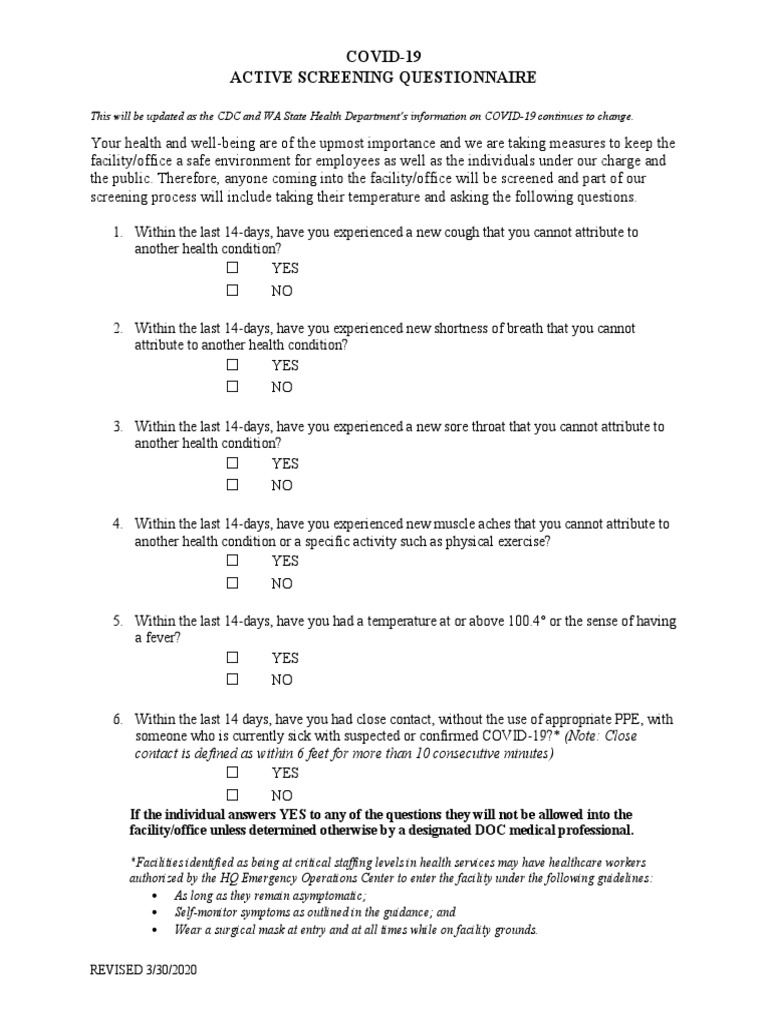 2020 0330 Active Screening Questionnaire | PDF | Epidemiology | Medicine