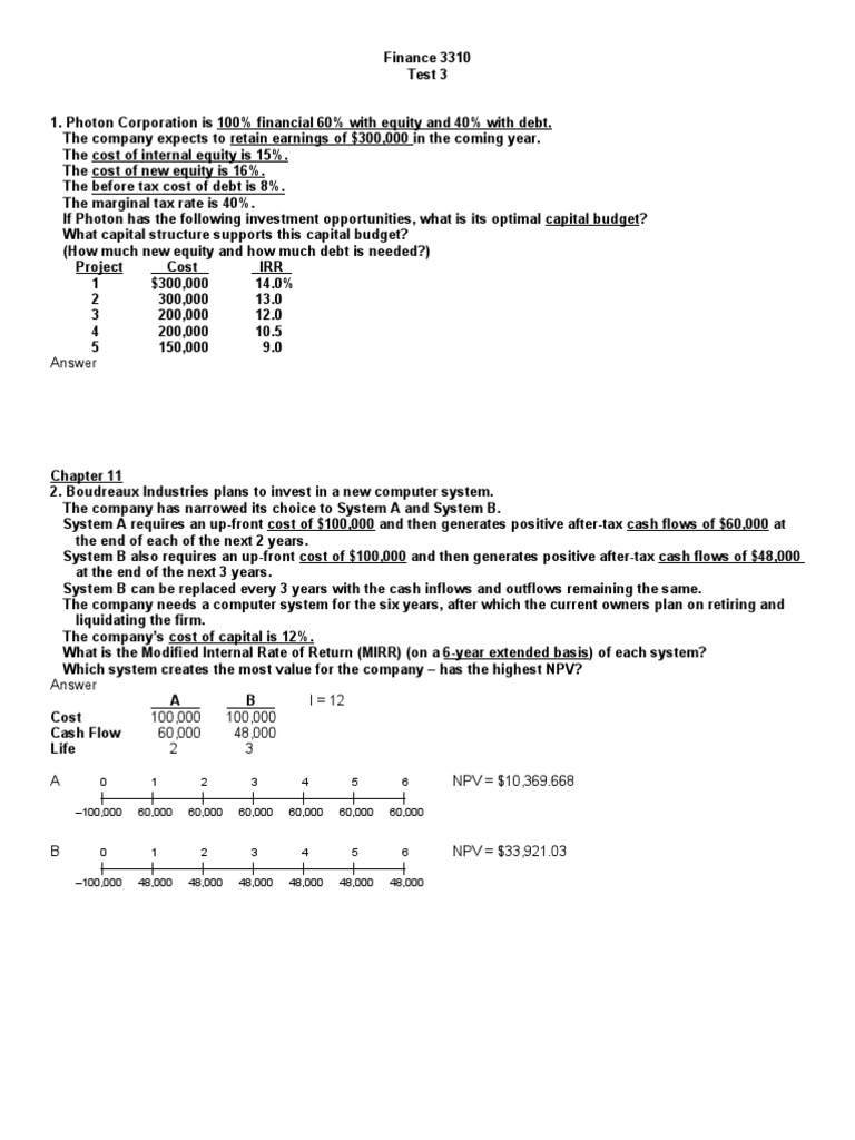 Finc 3310 - Actual Test 3 | PDF | Capital Budgeting | Internal Rate Of ...