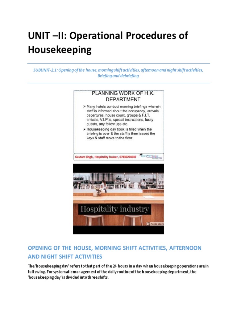 UNIT - II - Operational Procedures of Housekeeping | PDF | Business ...
