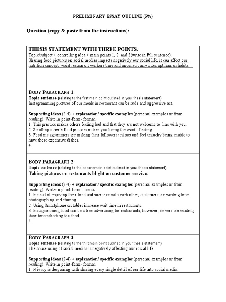 Preliminary Essay Outline Zakaria | PDF | Restaurants | Social Media
