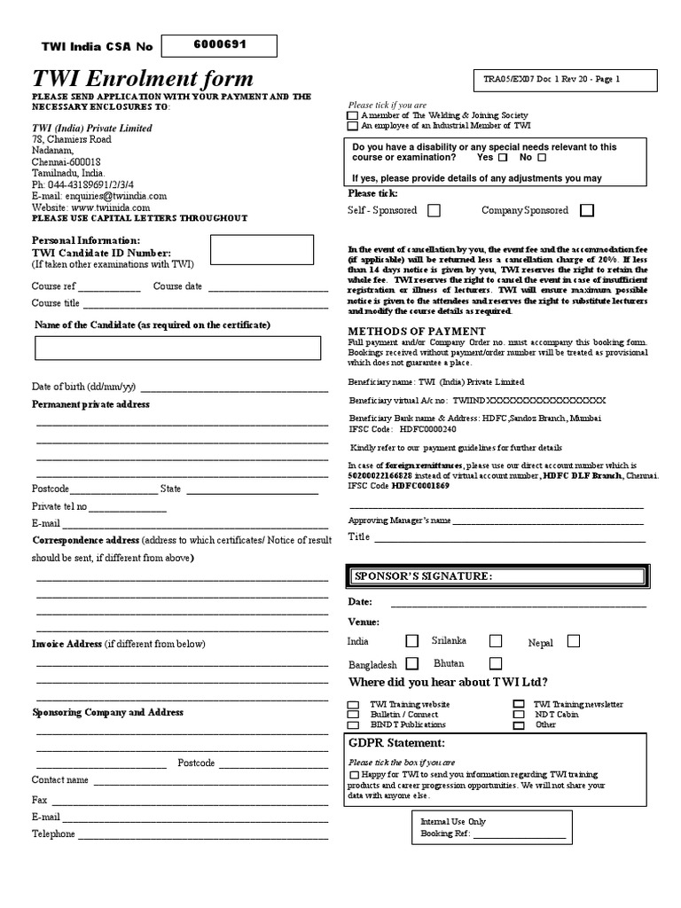 TWI Enrollment Form PDF | PDF | Payments | Identity Document