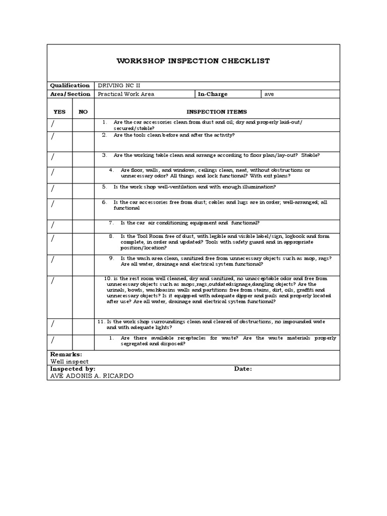 Workshop Inspection Checklist Template | PDF