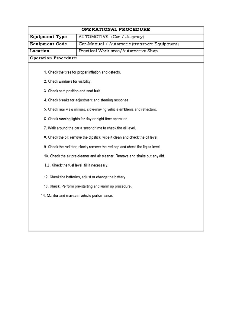 Operational Procedure: Equipment Type Equipment Code Location Operation ...