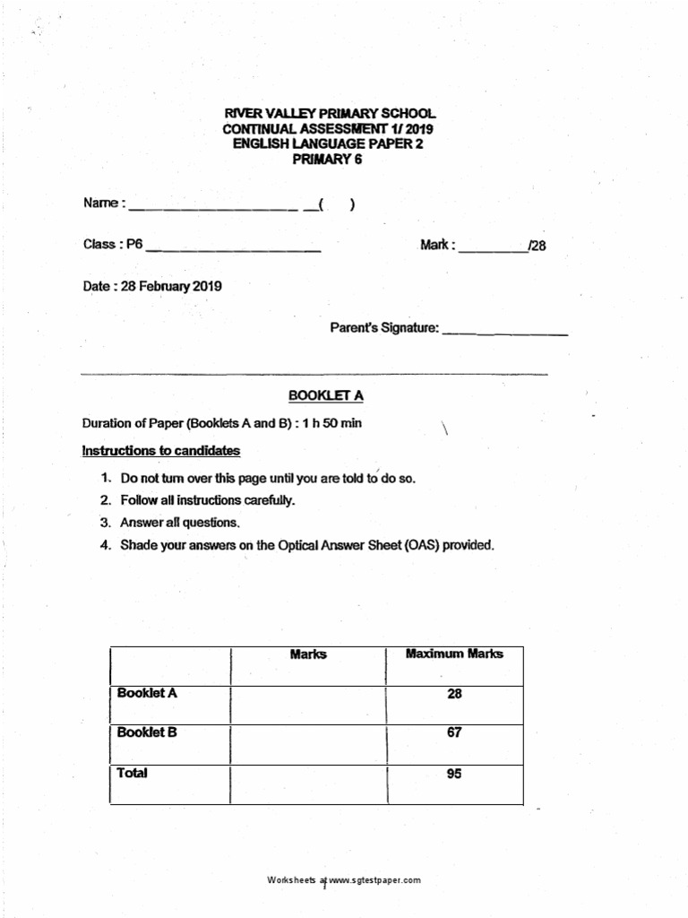 P6 English 2019 CA1 River Valley Exam Paper | PDF | Worksheet