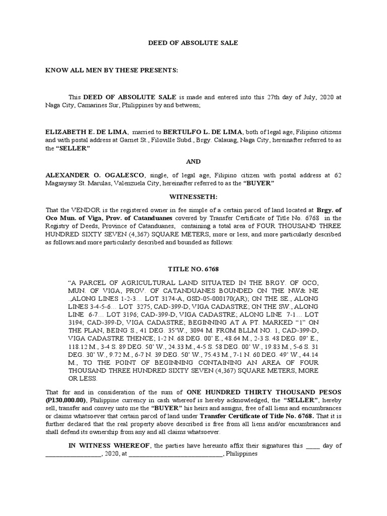 Deed of Absolute Sale Template | Download Free PDF | Land Law | Common Law
