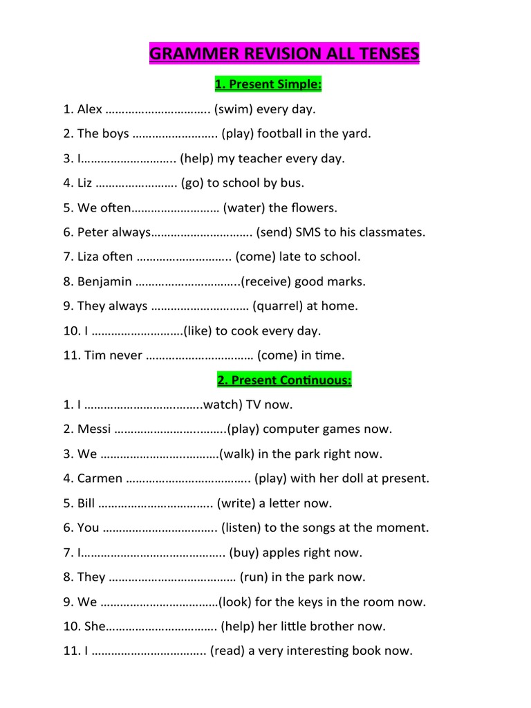 Revision For All Tenses Grammar Drills 60277 | PDF